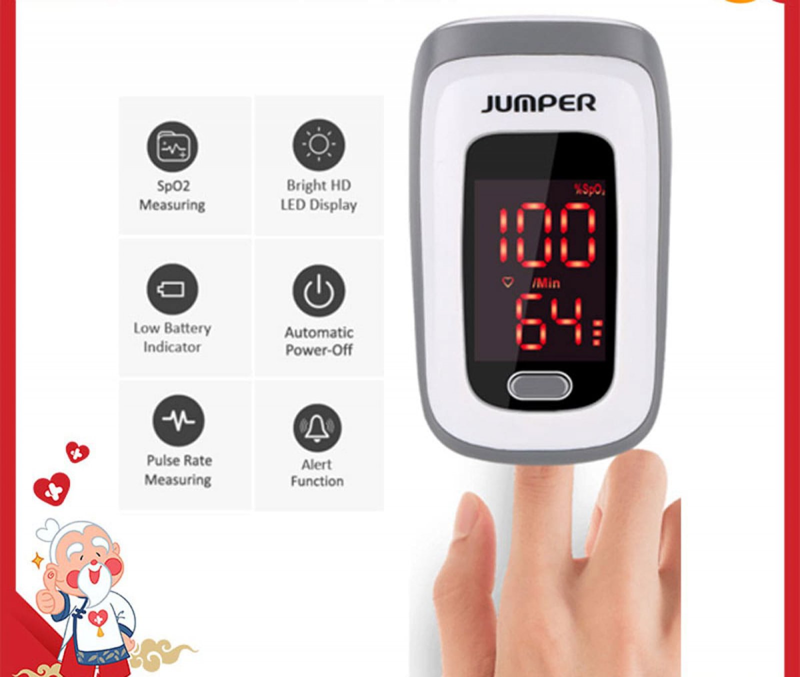 Máy đo nồng độ ô xy trong máu SPO2 nhịp im JUMPER JPD500E giá rẻ